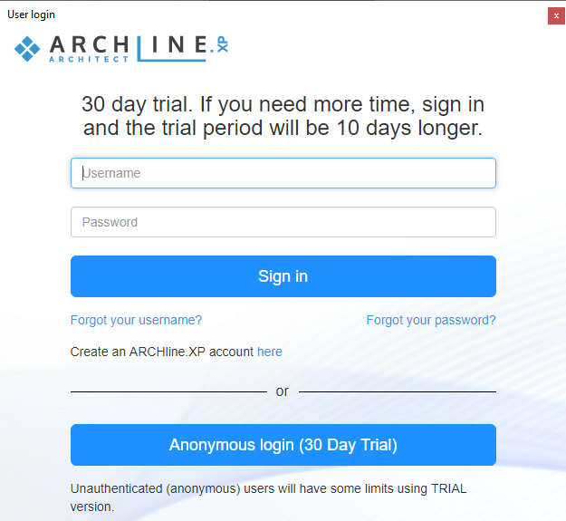 Account Sign In, Trial version – ARCHLine.XP